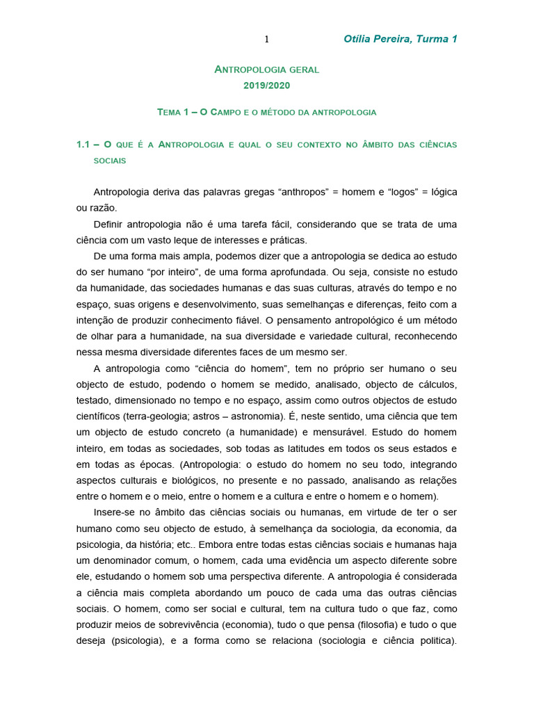 Antropologia Geral - Tema 1 - 2019 - 2020 | PDF | Antropologia | Sociologia