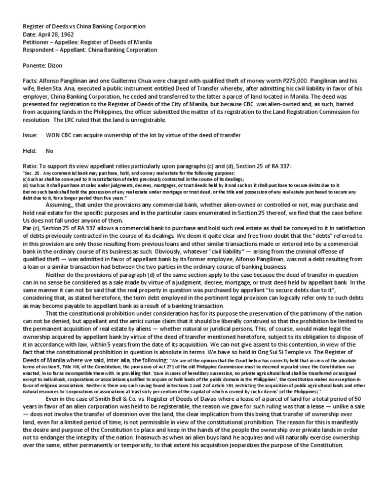 Register of Deeds Vs China Banking Corporation | PDF | Deed | Deed Of ...