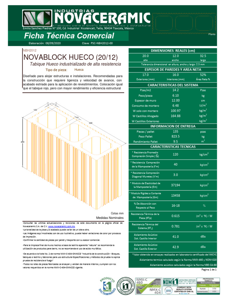 Ficha Técnica Novablock Hueco 12 | PDF | Albañilería | Materiales