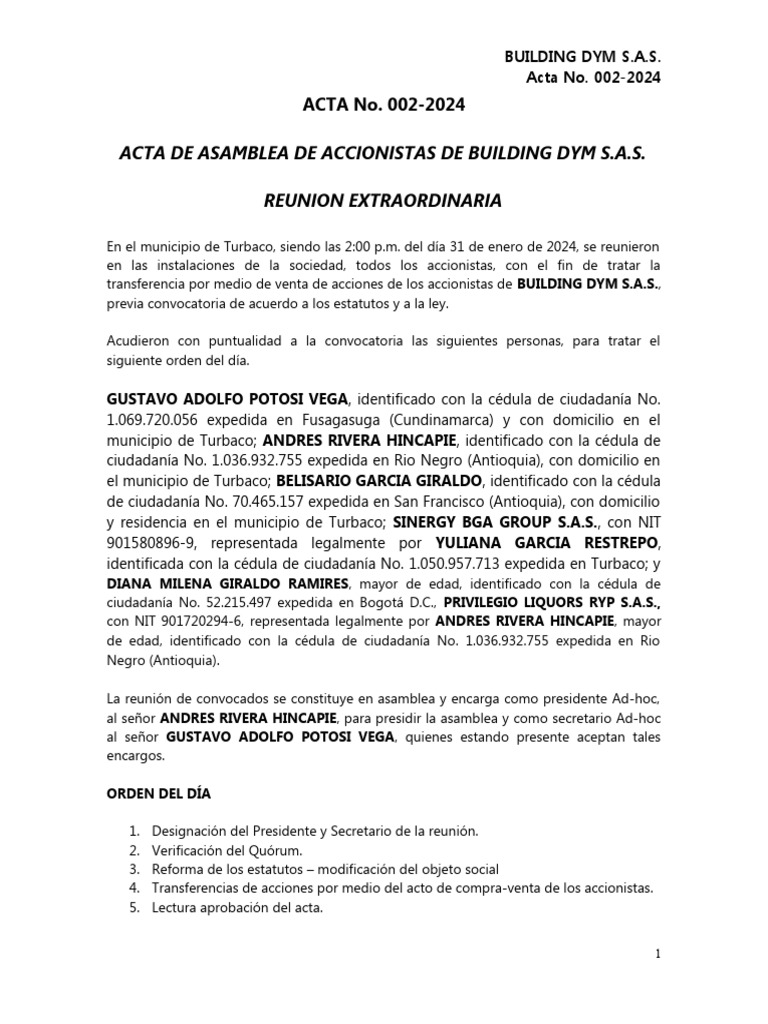 ACTA No 002-2024 TRANSFERENCIA DE ACCIONES BELISARIO GARCIA - DIANA GIRALDO RAMIRES | PDF ...