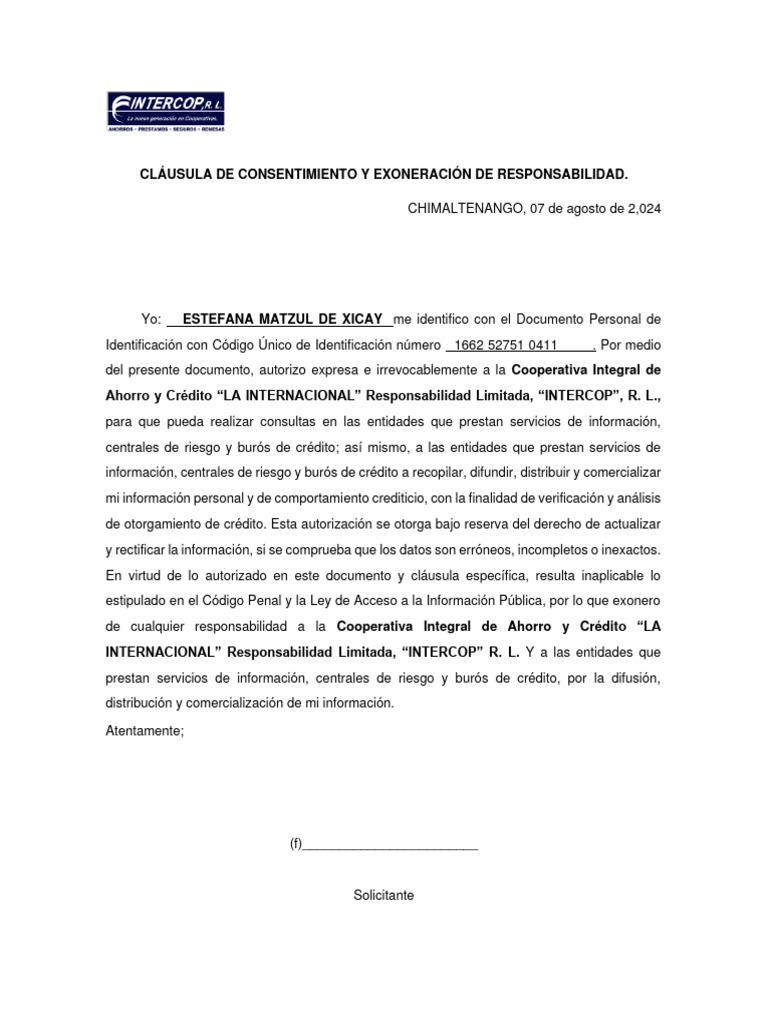 Cláusula de Consentimiento y Exoneración de Responsabilidad | PDF