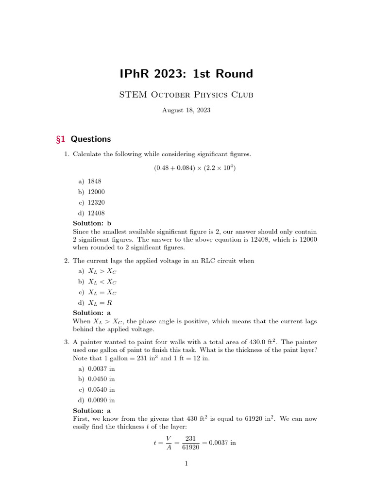 IPhR 2023 1st Round | PDF | Electron | Force