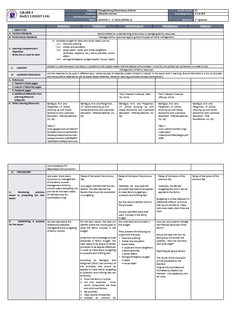 DLL - Tle-He 6 - Q1 - W2 | PDF | Learning | Behavior Modification