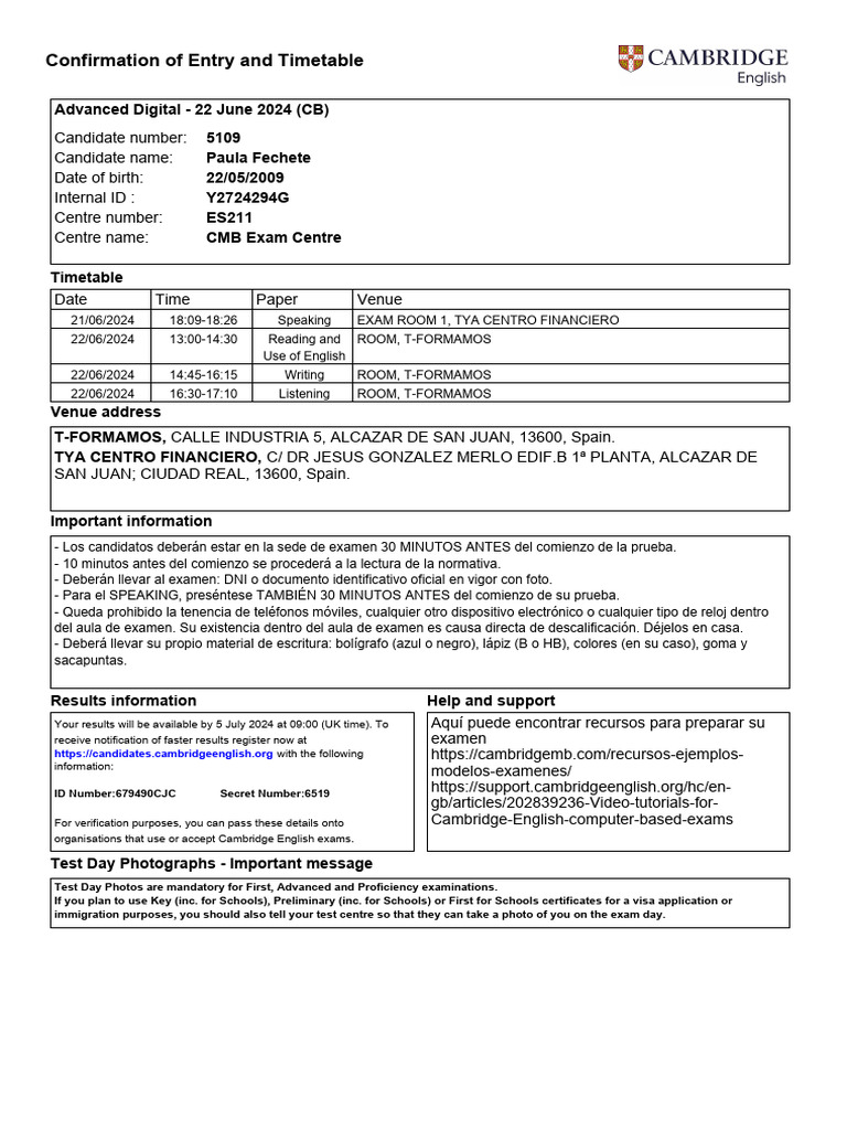 Confirmation of Entry and Timetable | PDF