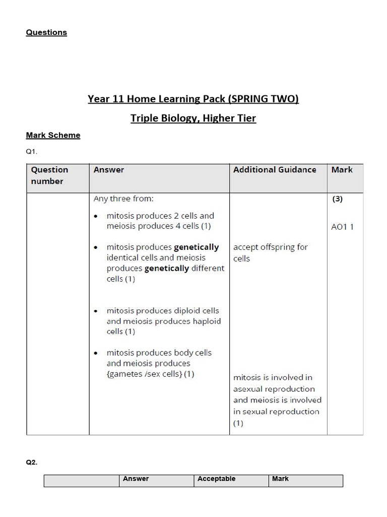 Edexcel Triple Biology Gcse 1 9 Ms Pdf Zygosity Allele