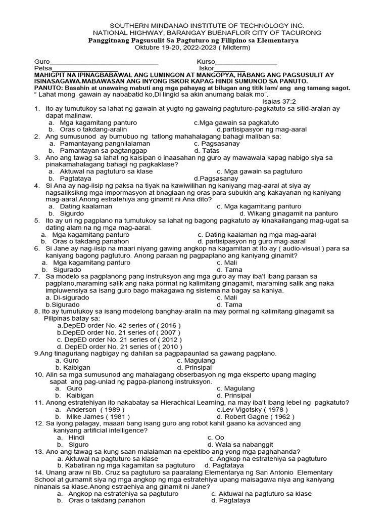 Pagtuturo NG Filipino Sa Elementarya Midterm | PDF