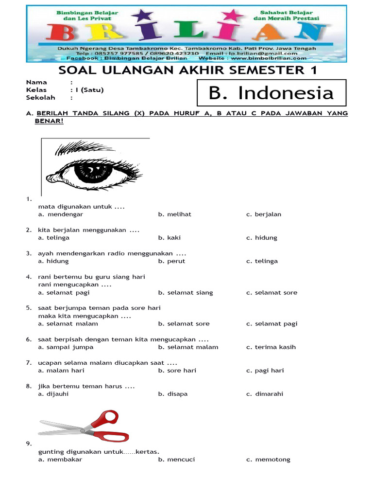 Soal UAS Bahasa Indonesia Kelas 1 SD Semester 1 (Ganjil) Dan Kunci Jawaban | PDF | Seni ...