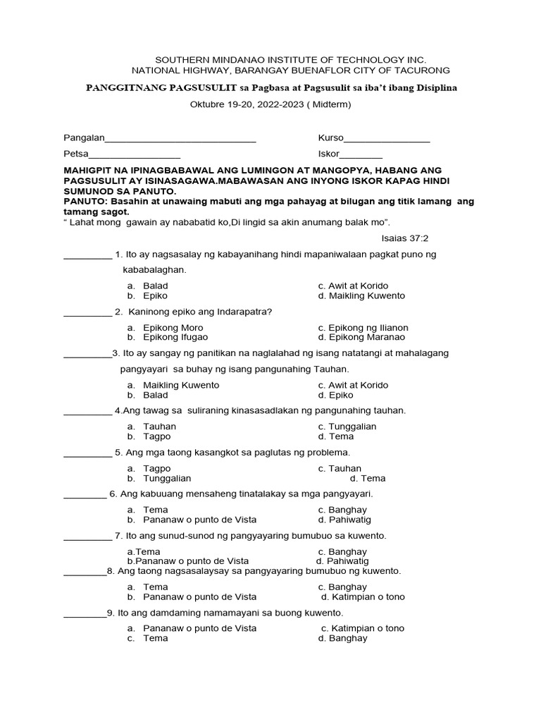 Pagbasa at Pagsusulat (Midterm) | PDF