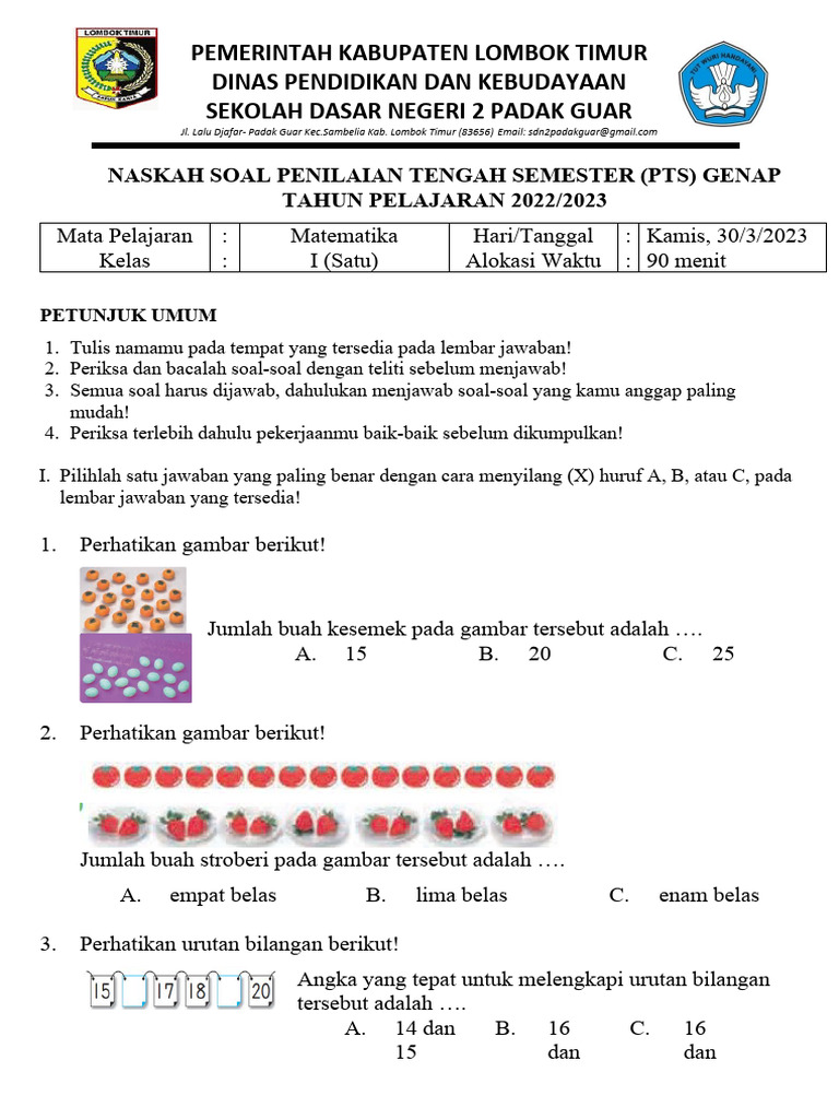 Naskah Soal Matematika Kelas 1 KM | PDF