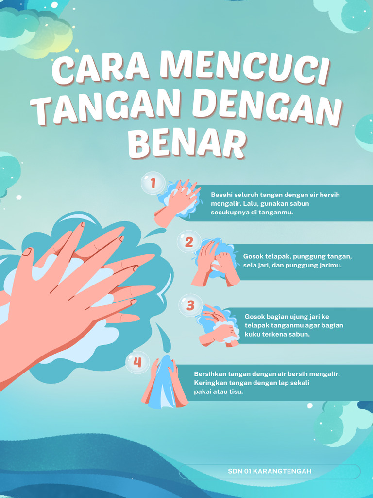 Poster Cara Mencuci Tangan Pakai Sabun Ilustratif Biru Dan Hijau ...