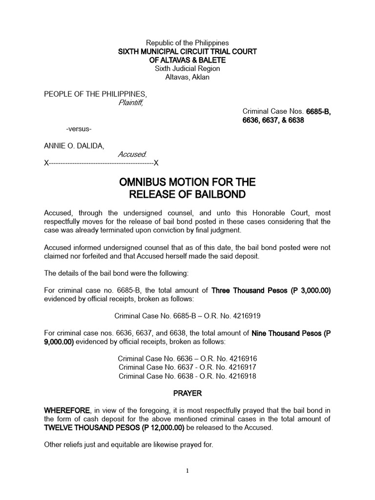 Motion For Release of Bond | PDF | Bail | Crime & Violence