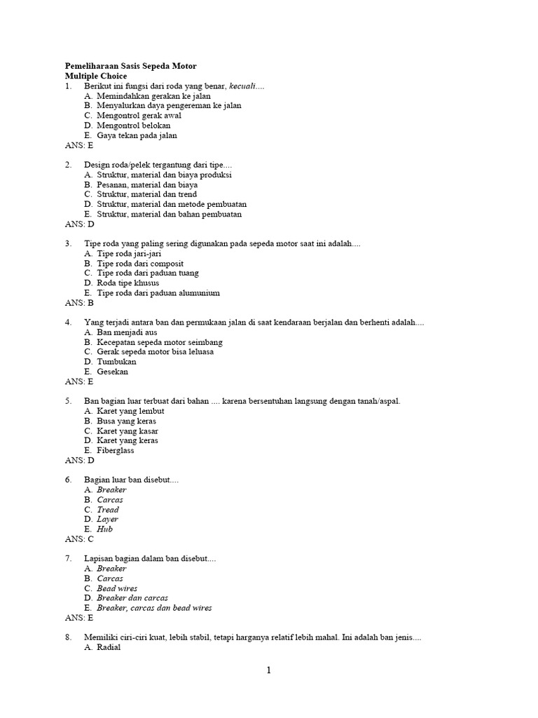 Soal Pas Gasal Pemeliharaan Sasis Sepeda Motor 2021 | PDF | Olahraga & Rekreasi