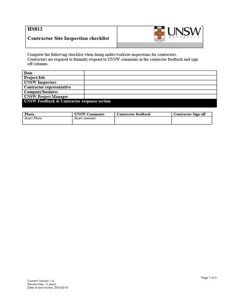 Contractor Site Inspection Checklist | PDF | Hazards | Safety