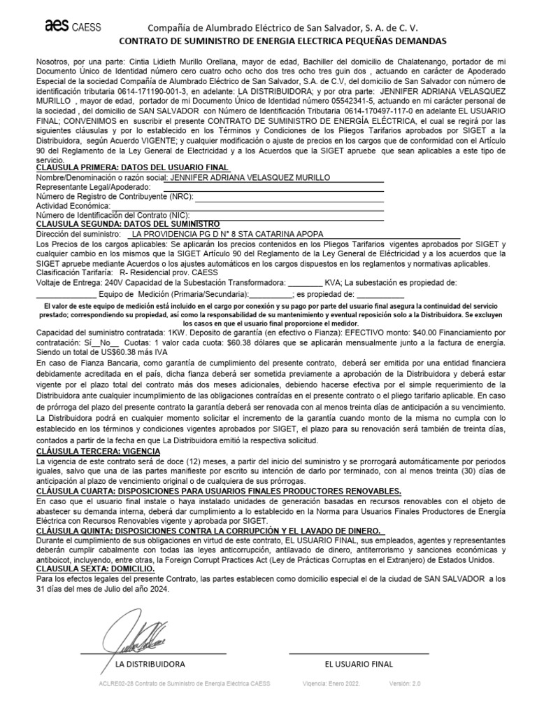 Contrato Jennifer Velasquez | PDF | Bancos