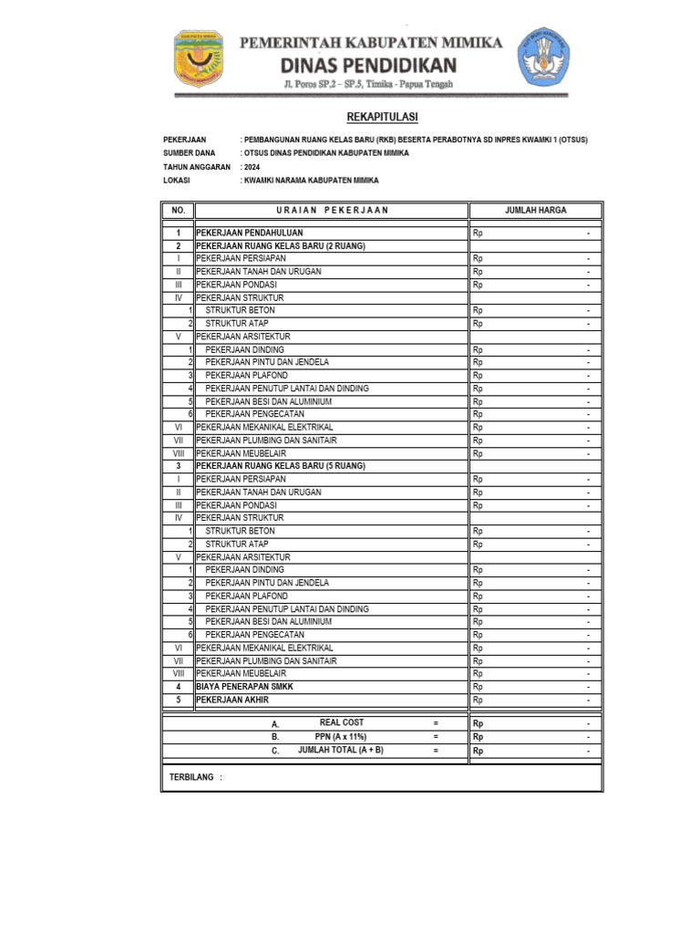 BOQ Pembangunan Ruang Kelas Baru RKB Beserta Perabotnya SD INP. Kwamki I OTSUS | PDF