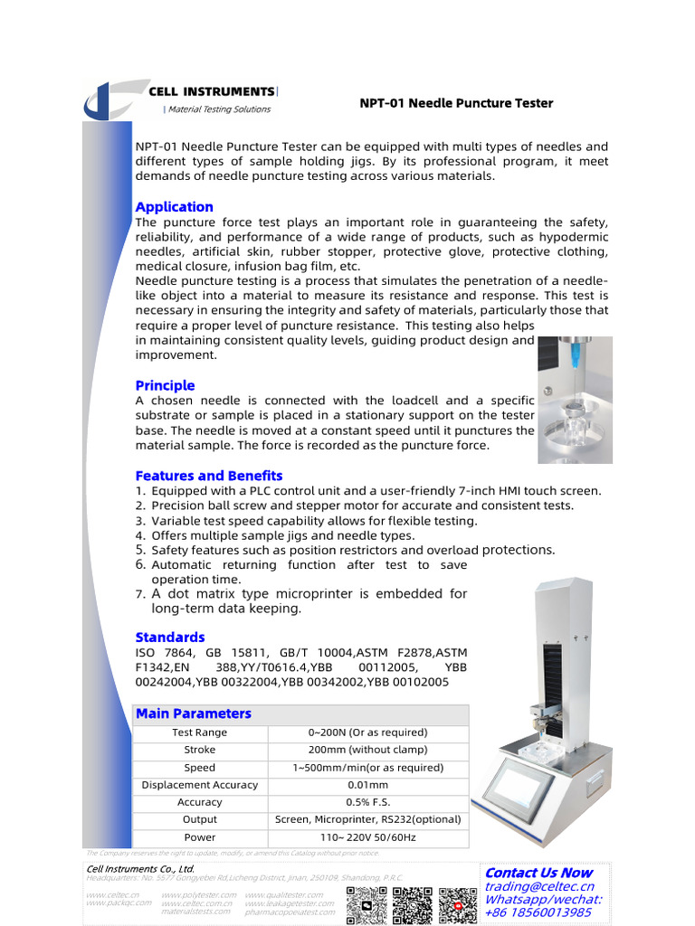 NPT-01 Needle Puncture Tester Overview | PDF | Accuracy And Precision