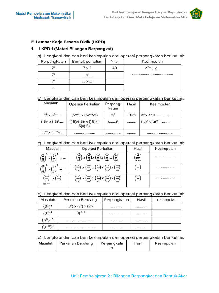 LKPD Bilangan Berpangkat Dan Akar | PDF