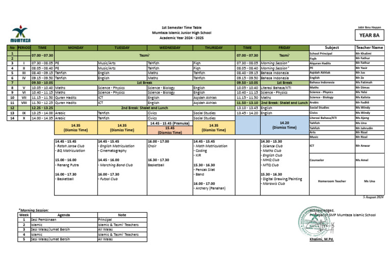 Timetable 8A - 5 Agustus '24 (2024-2025) | PDF | Abrahamic Religions