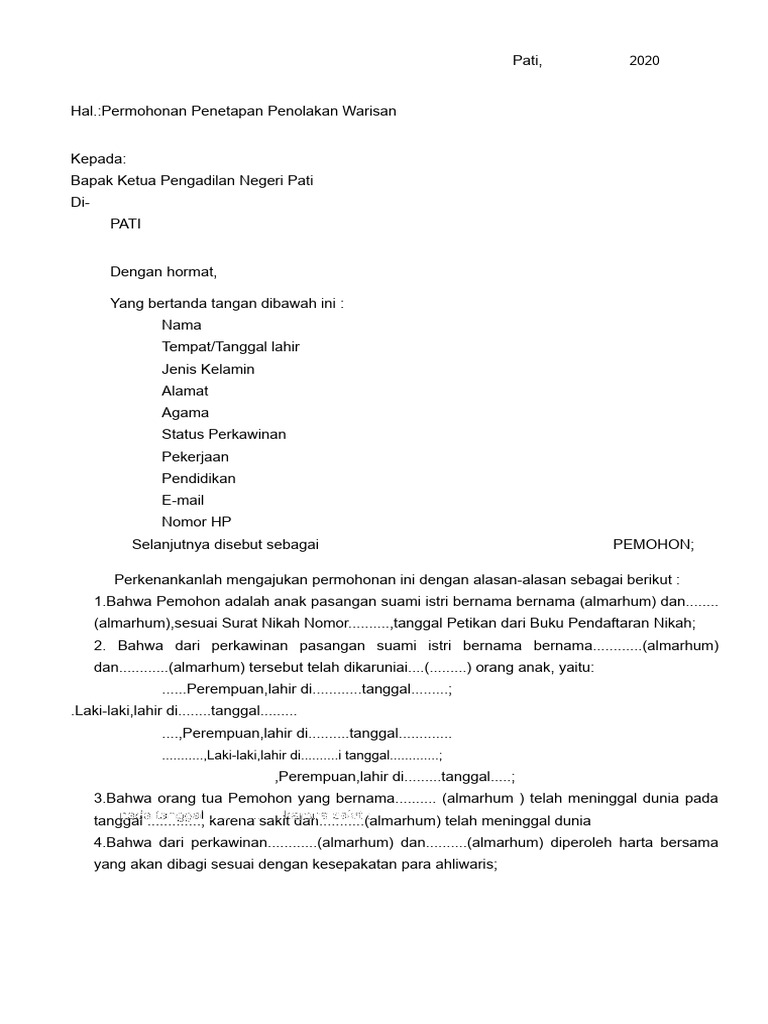 Form Permohonan Penetapan Penolakan Warisan | PDF