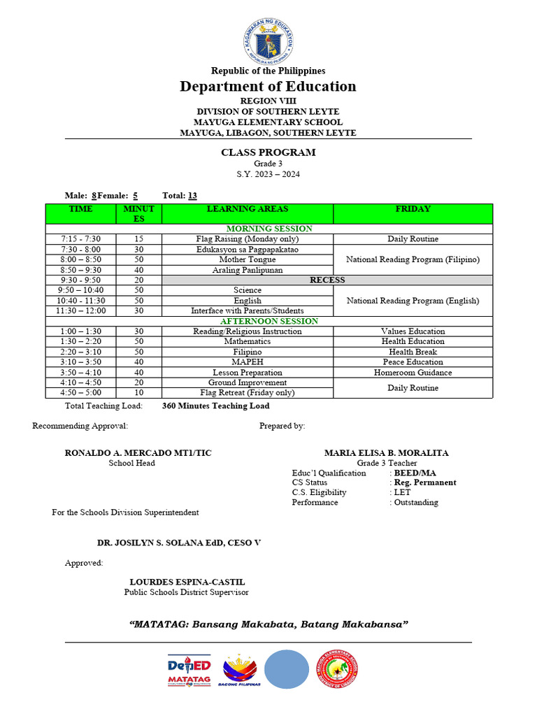 Grade 3 Class Program 2023-2024 | PDF
