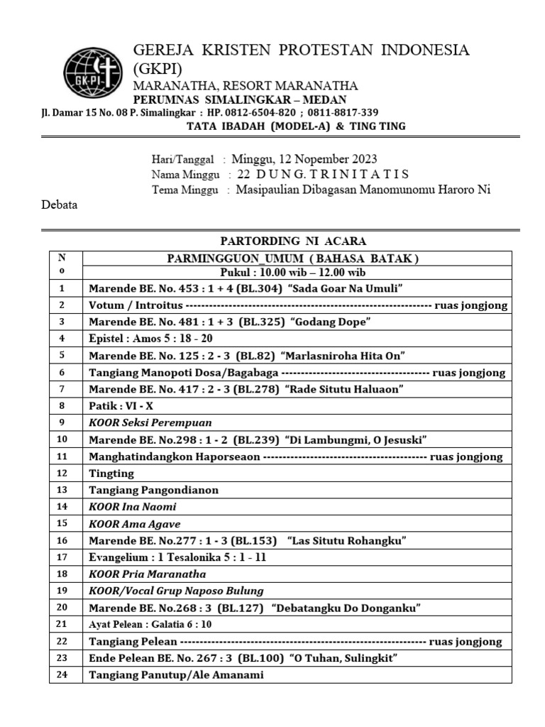 Kebaktian Minggu 23 Dung. Trinitatis (Model A) BHS BTK 12 Nov 23 | PDF