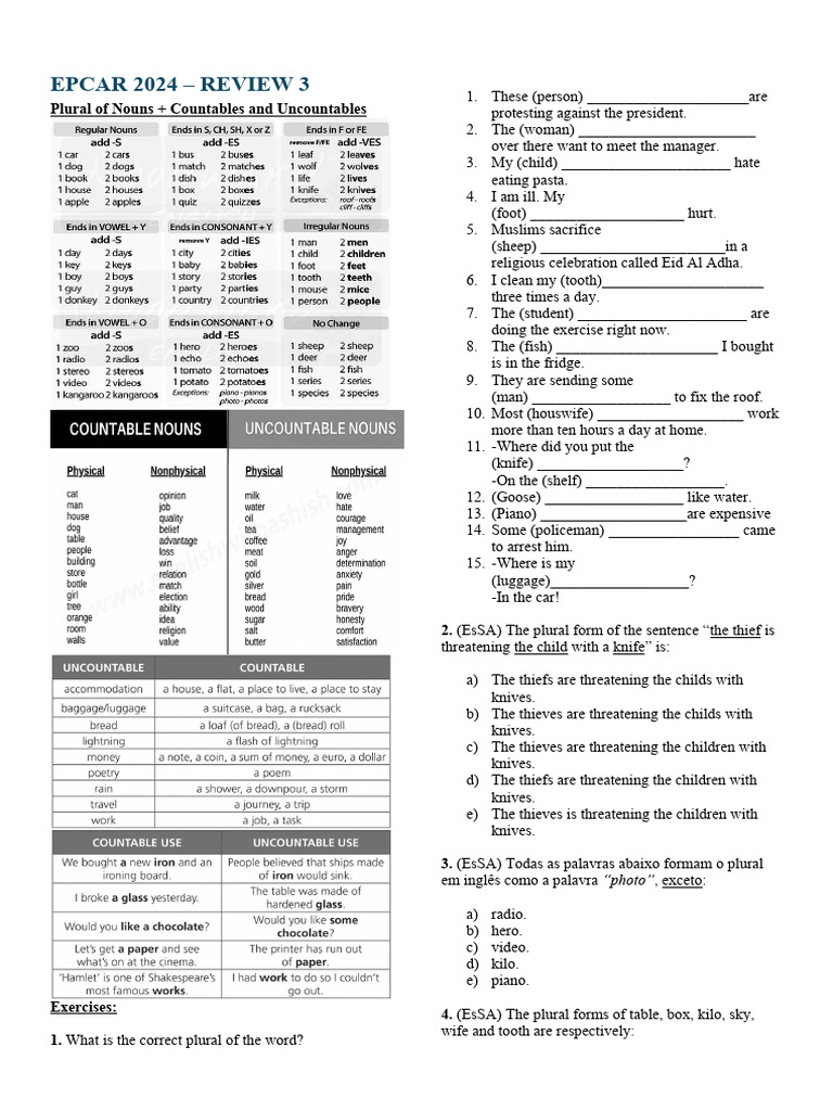 Plural Nouns: Countables & Uncountables Exercises | PDF | Plural | Cakes