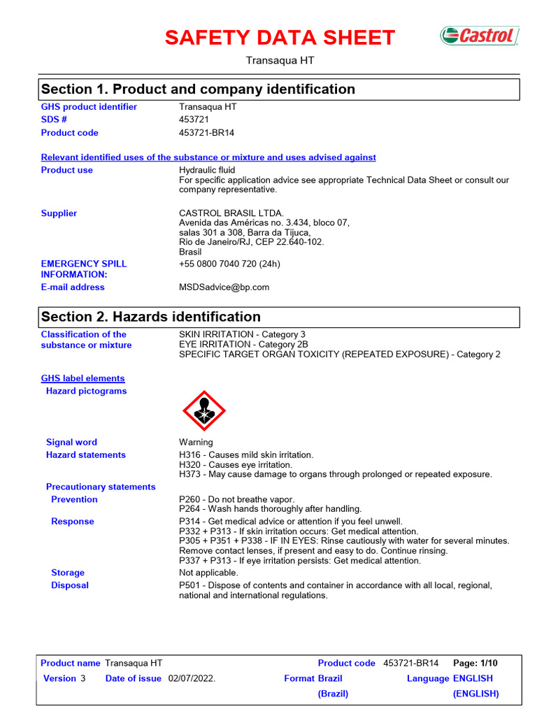Transaqua HT Safety Data Sheet | PDF | Personal Protective Equipment ...