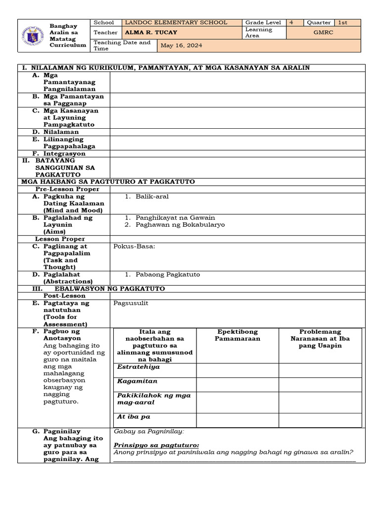 Banghay Aralin Sa Matatag Curriculum | PDF