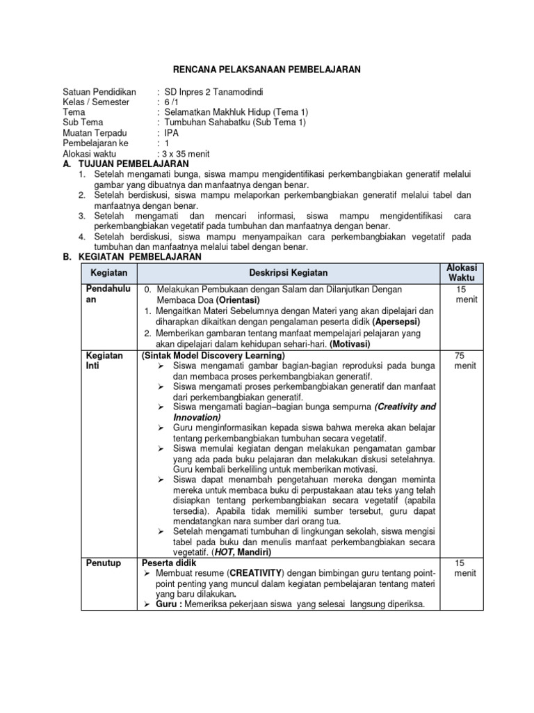 RPP IPA Tema 1 Pembelajaran 1 Dan 4 ST 1 | PDF