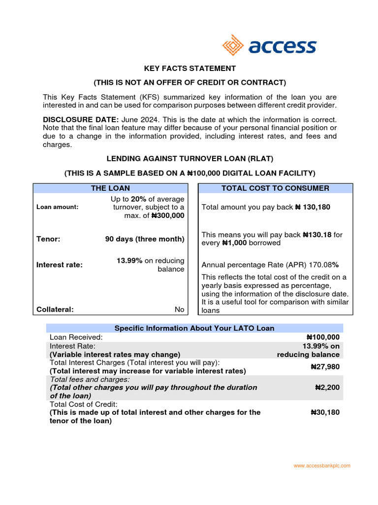 Lending Against Turnover Key Facts Statement Oct 2022 | PDF | Loans | Finance & Money Management