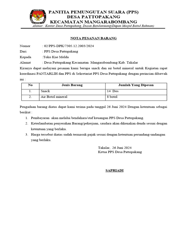 Nota Pesanan Barang Ok | PDF