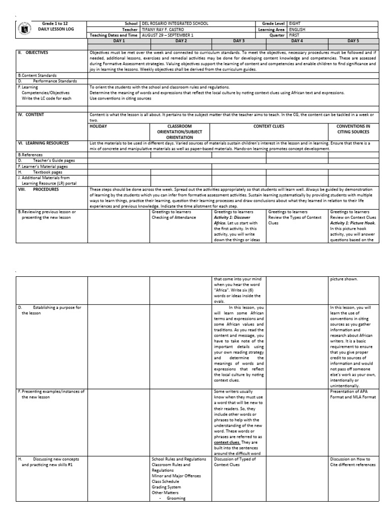 Eng8 Q1 WK1 | PDF | Learning | Teachers