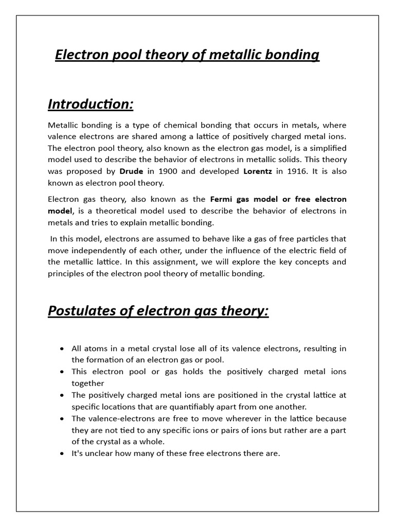 Electron Pool Theory of Metallic Bonding | PDF | Electron | Electrical ...