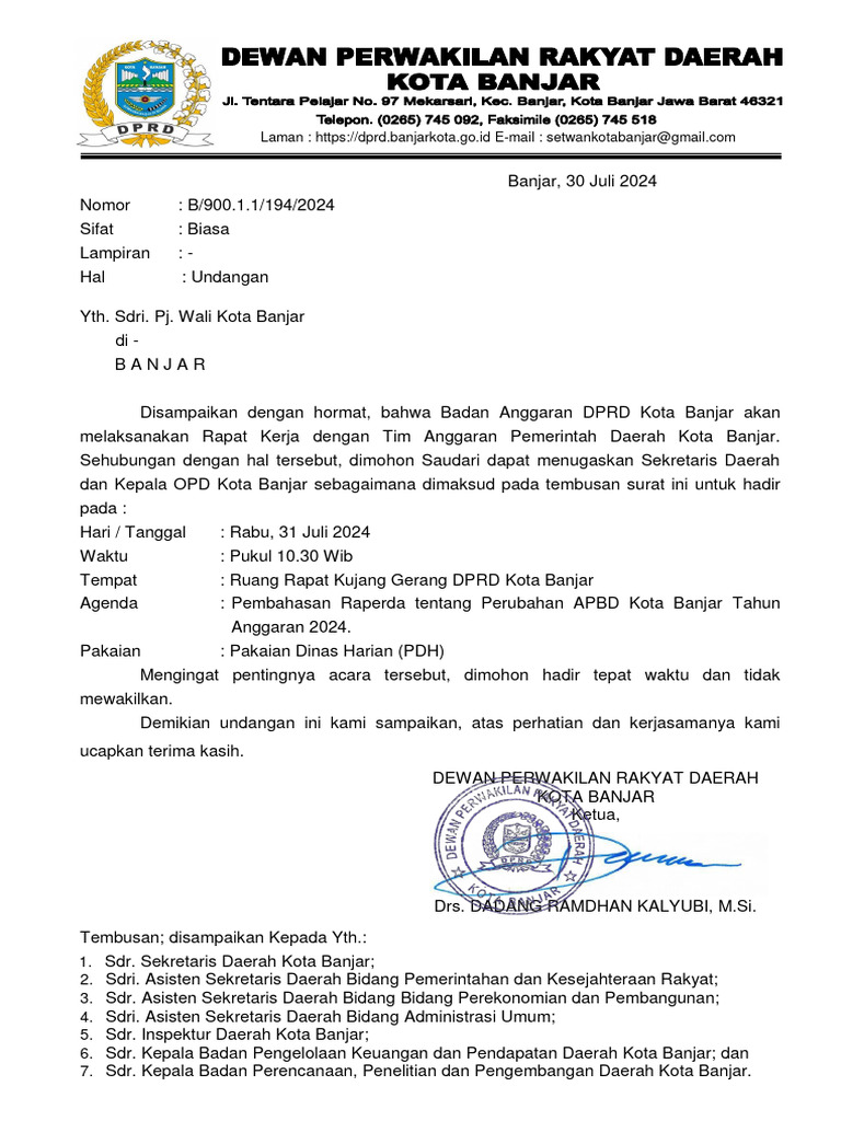Undangan Raker Bagar DG TAPD Pembahasan APBD P 2024 (Walikota) | PDF ...