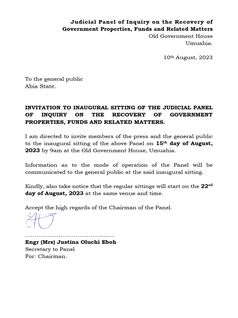 Invitation To Inaugural Sitting | PDF