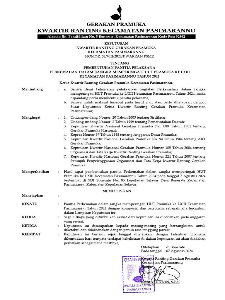 SK Panitia Perkemahan Hut Pramuka Ke 63 Tahun 2024 | PDF