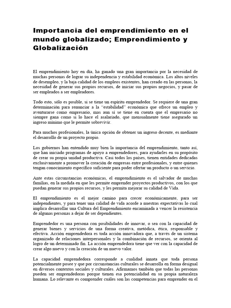 Importancia Del Emprendimiento en El Mundo Globalizado | PDF ...