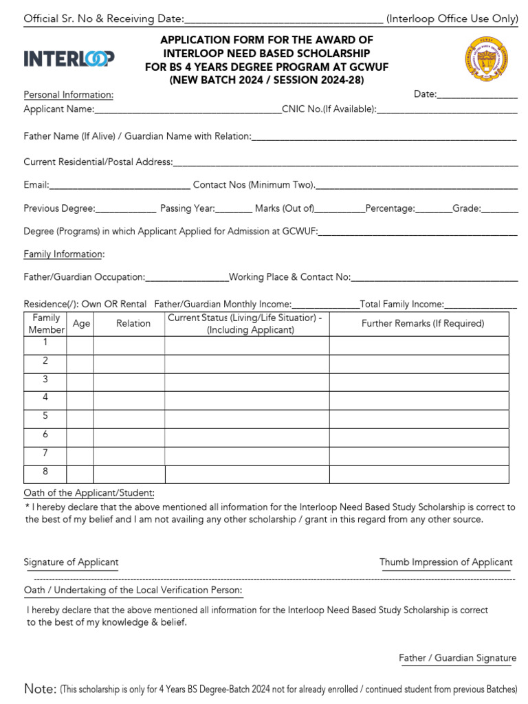 Application Form Interloop Need Based Scholarship 2024 28 Batch at GCWUF | PDF