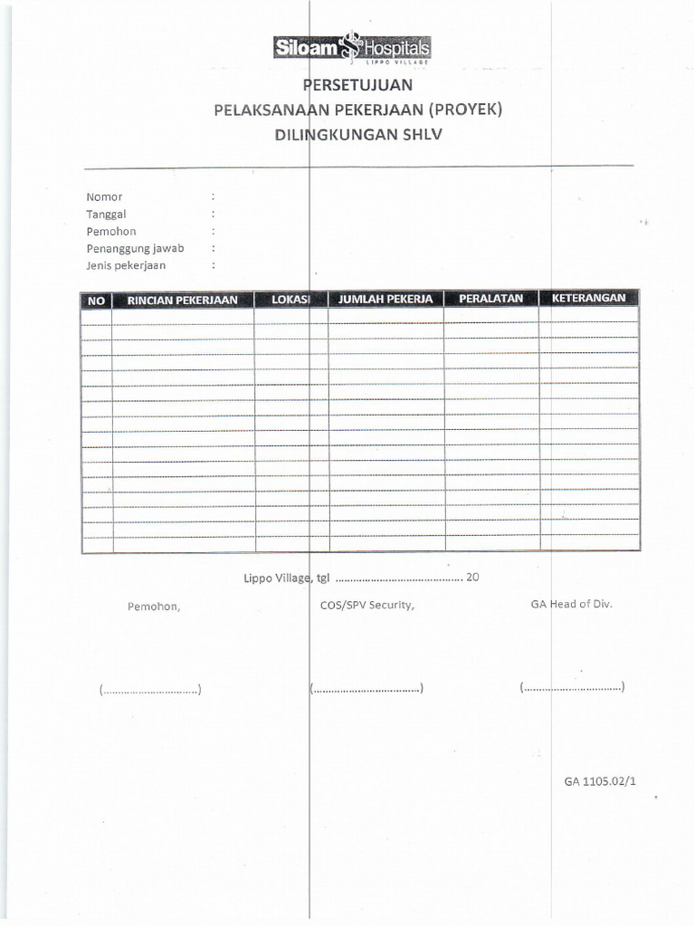 Form Persetujuan Pelaksanaan Pekerjaan (Proyek) Di Lingkungan S | PDF