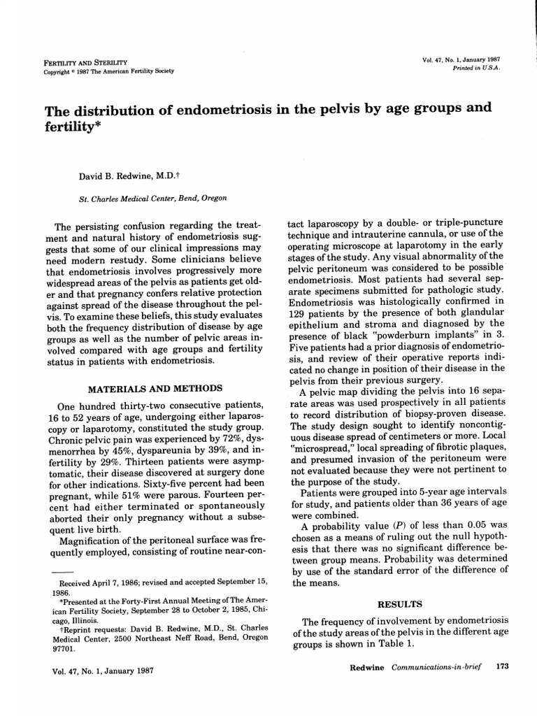 REDWINE 1987 The distribution of endometriosis in the pelvis by age ... REDWINE 1987 The distribution of endometriosis in the pelvis by age ...