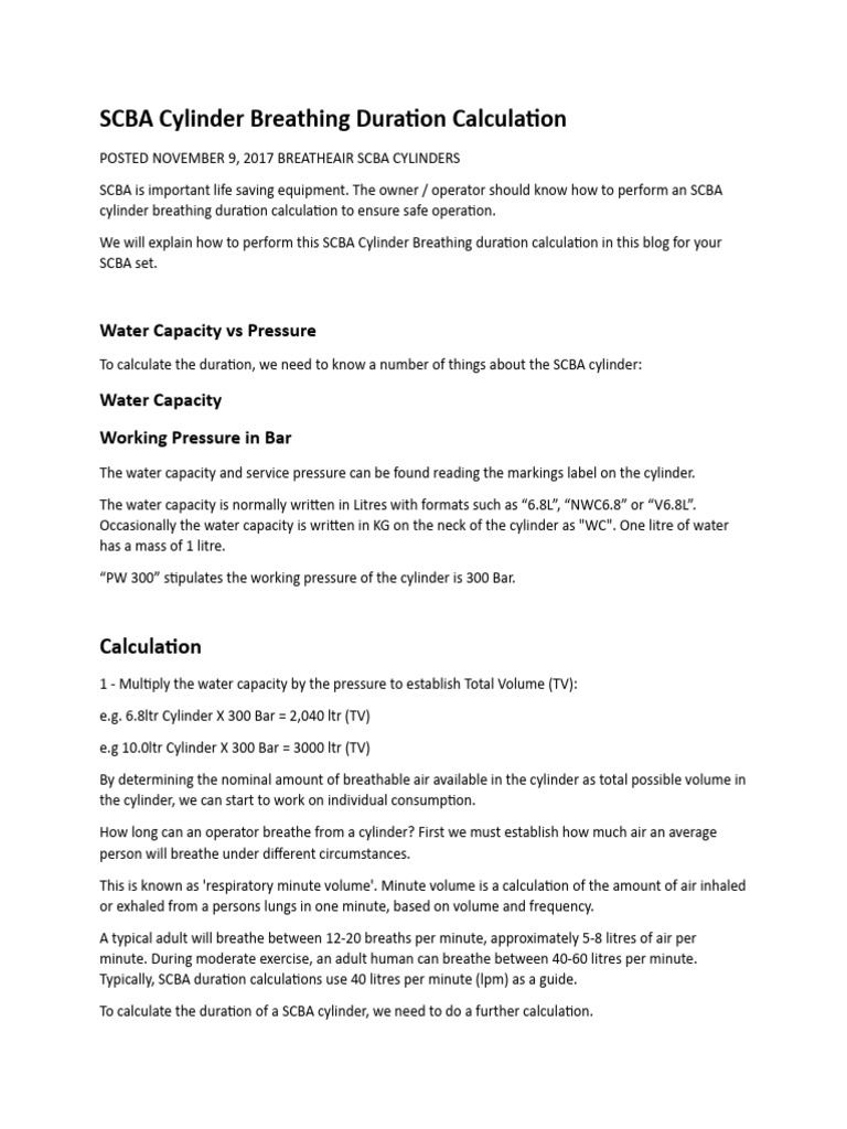 SCBA Cylinder Calculation | PDF | Breathing | Occupational Safety And ...