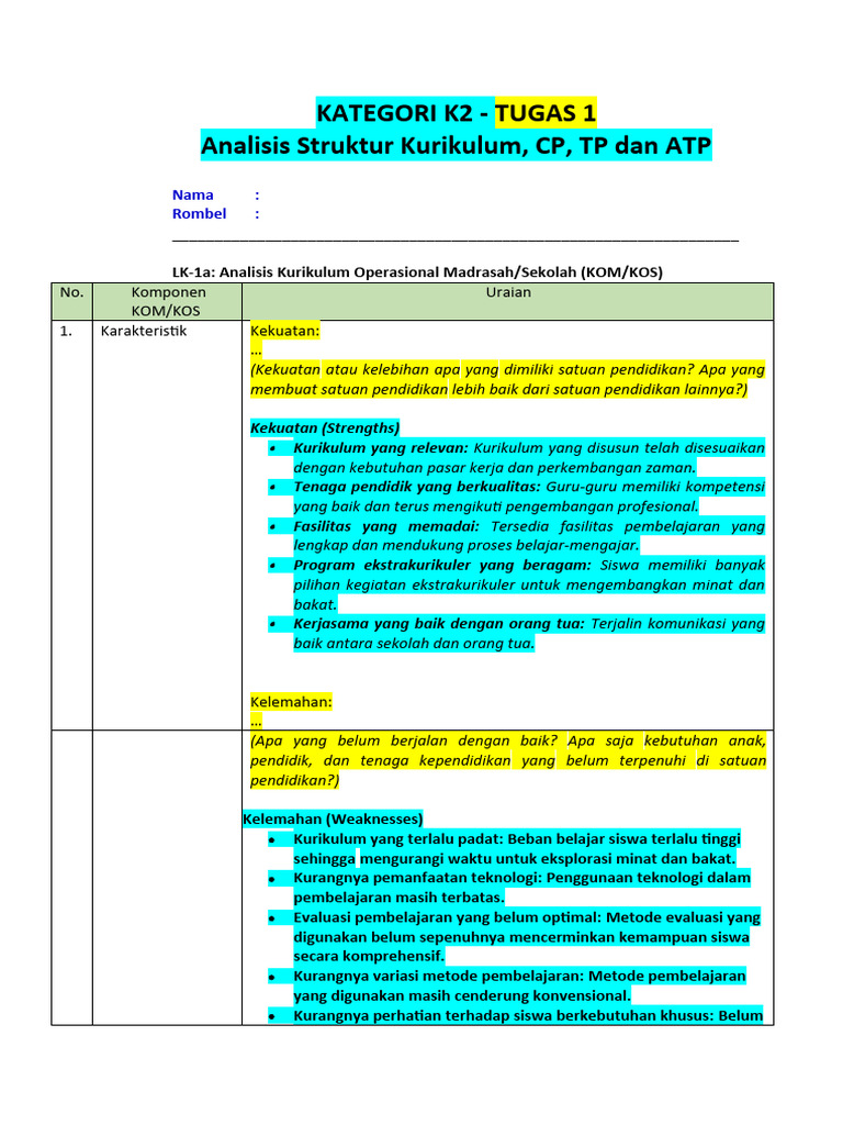 Contoh K2 - Tugas 1 - Analsiis Struktur Kurikulum, CP, TP Dan ATP | PDF ...