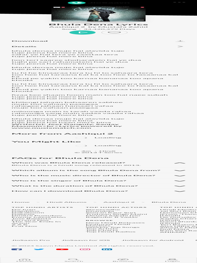 Bhula Dena Lyrics - Aashiqui 2 - Only On JioSaavn | PDF