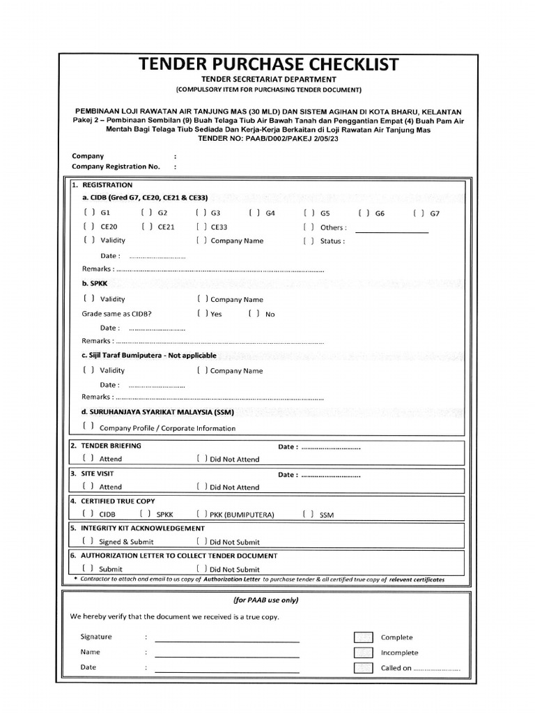 D002 P2 Tender Purchase Checklist | PDF