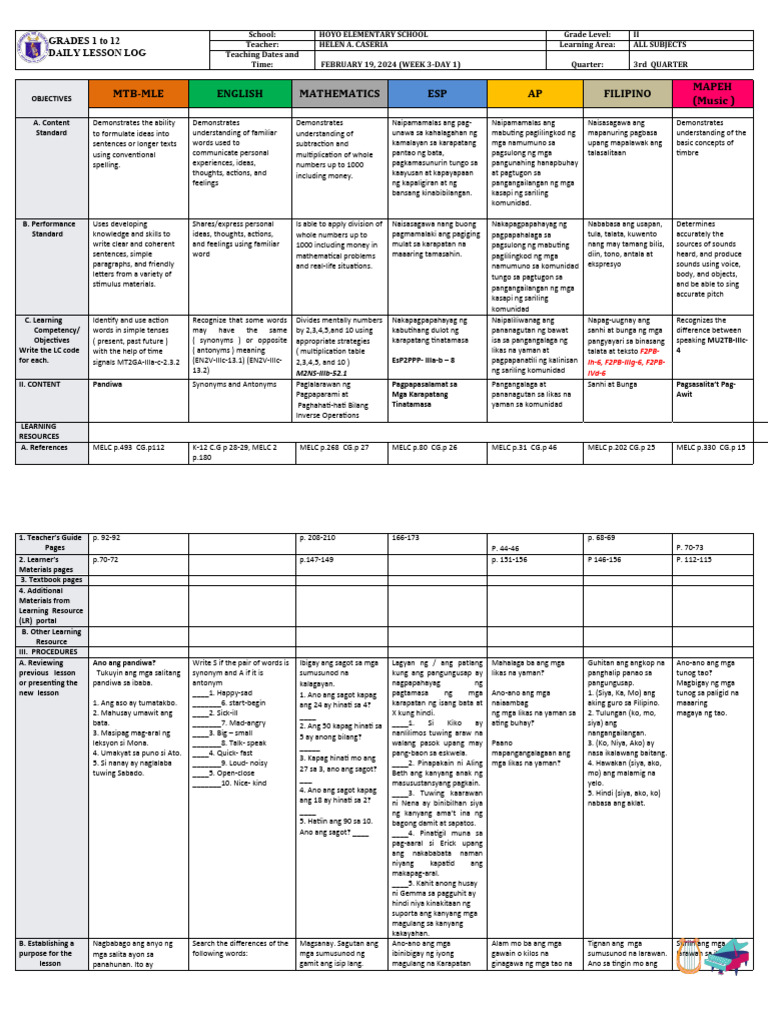 DLL - All Subjects 2 - Q3 - W3 | PDF