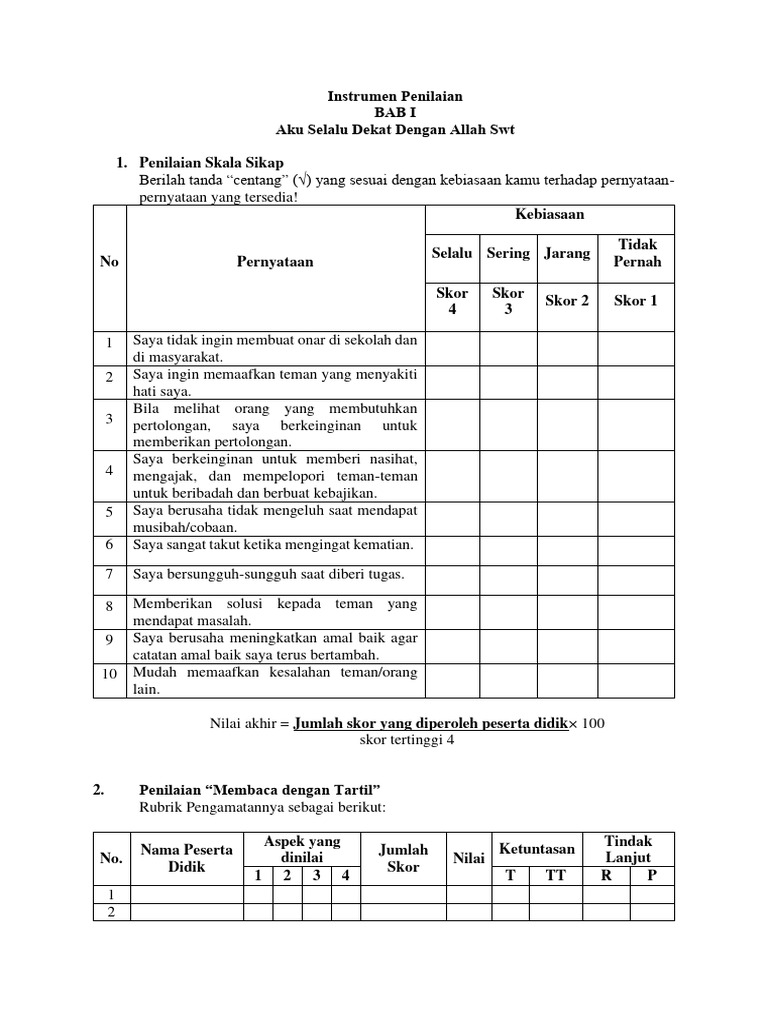 Instrumen Penilaian BAB 1 | PDF
