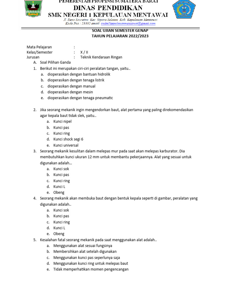 Soal Pdto Kelas X TKR | PDF