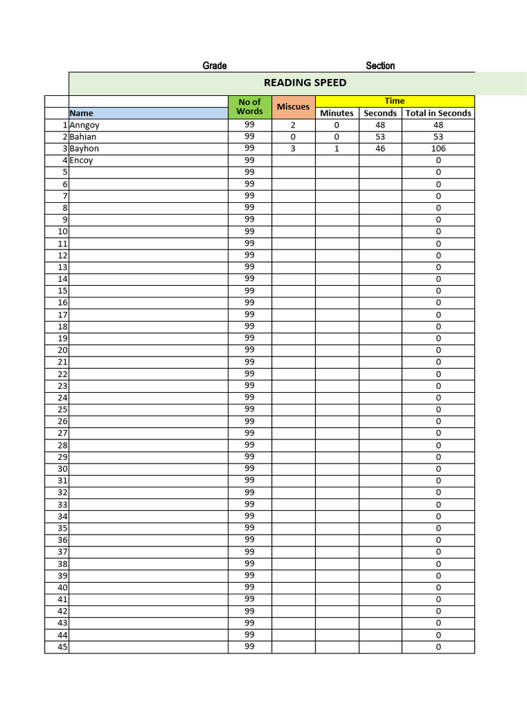READING-SPEED-SHEET | PDF