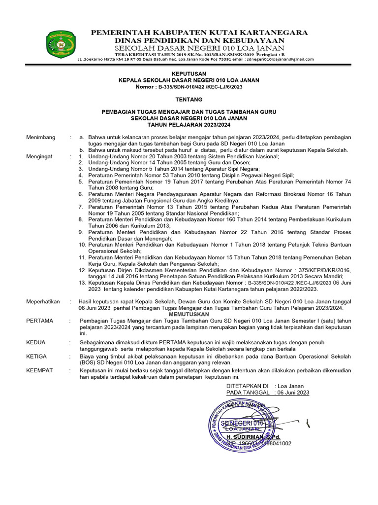 SK Pembagian Tugas 2023-2024 | PDF
