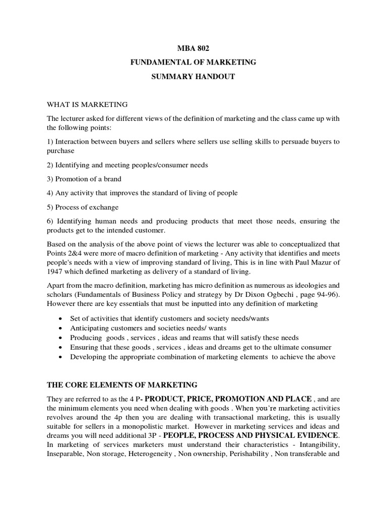 Mba 802 Marketing Handout | PDF | Market Segmentation | Marketing